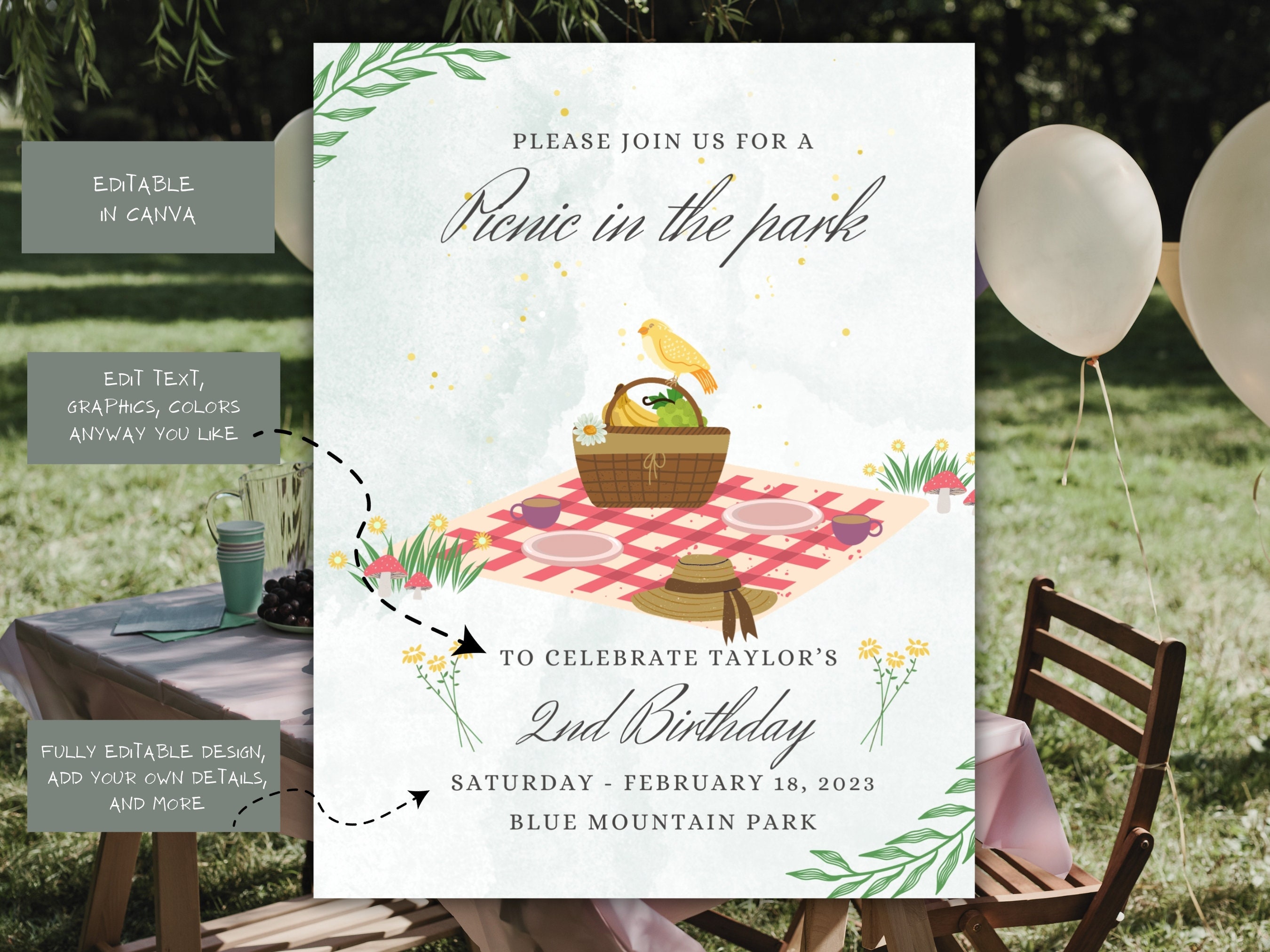 Printable Picnic Birthday Party Invitation - Teaparty, Park Picnic ...