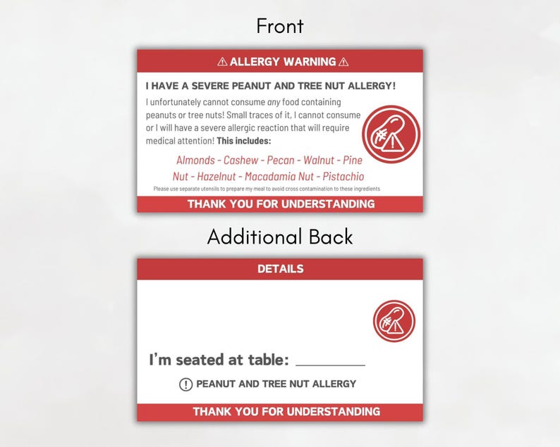 Printable Fully Editable Tree Nut Allergy Medical Warning Card, Food ...