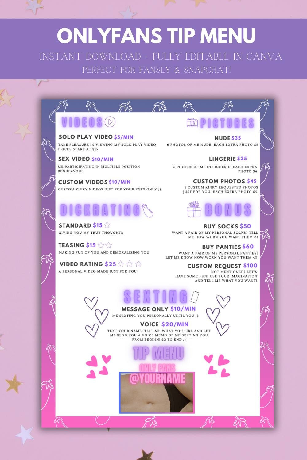 Onlyfans Tip Menus Pack of 4 Bundle Editable Template | Canva Template ...
