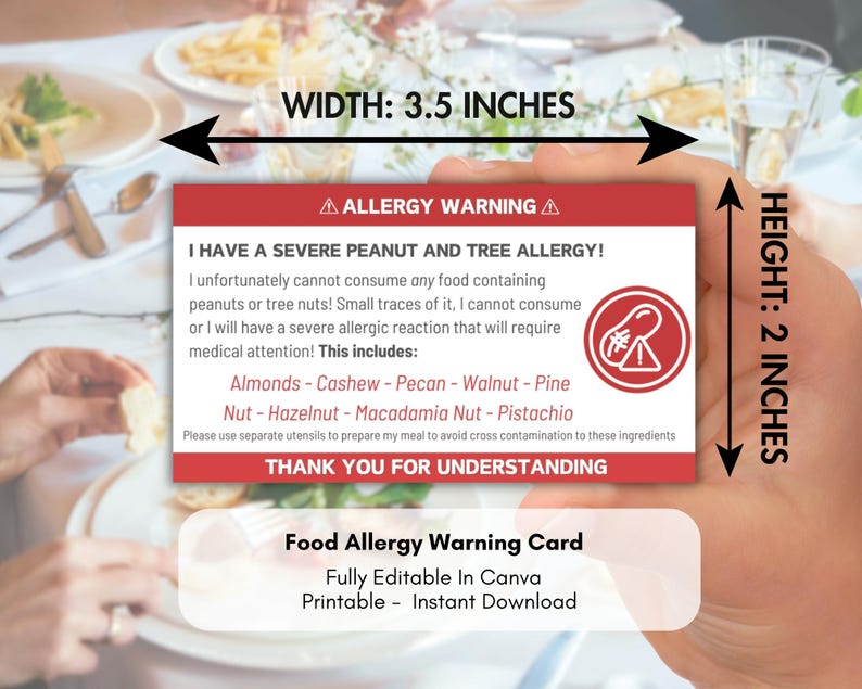 Printable Fully Editable Tree Nut Allergy Medical Warning Card, Food ...