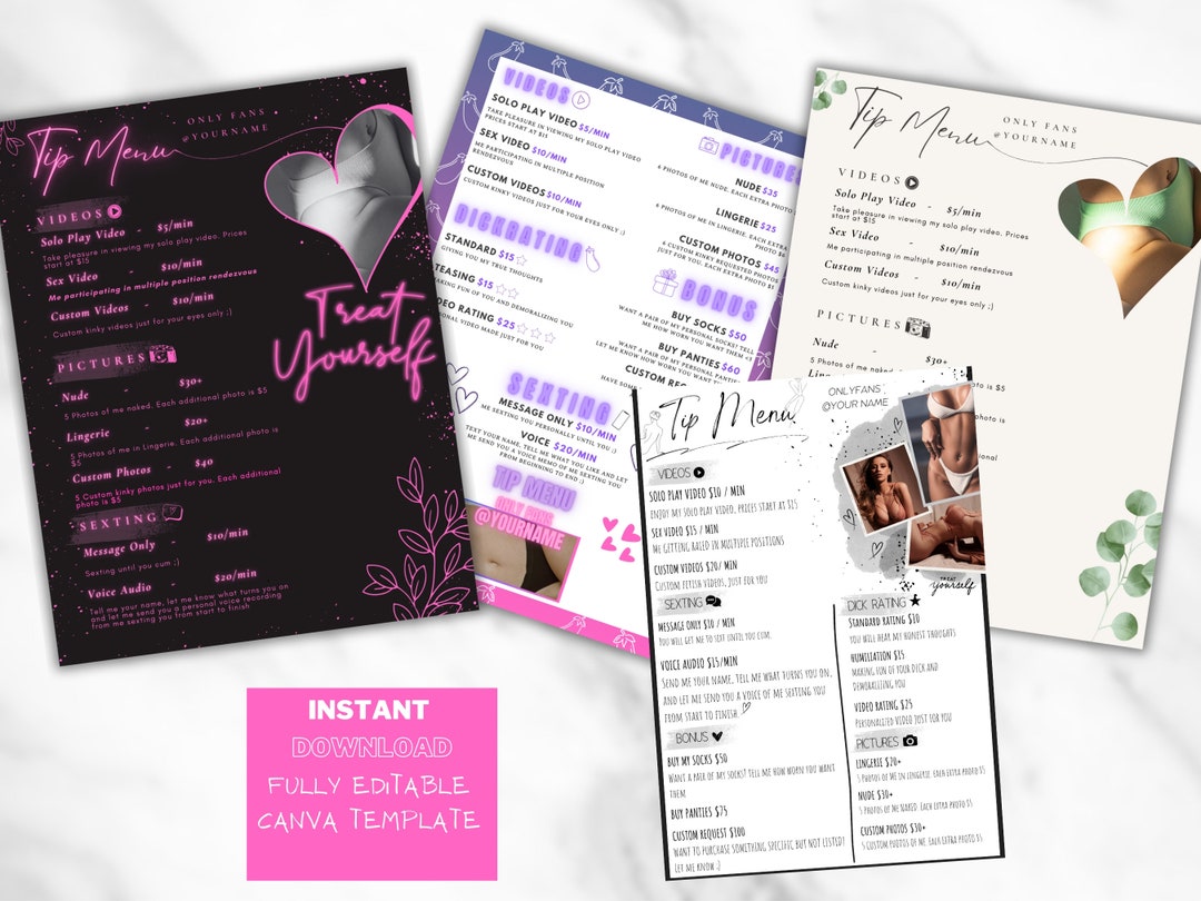 Onlyfans Tip Menus Pack of 4 Bundle Editable Template Canva Template ...