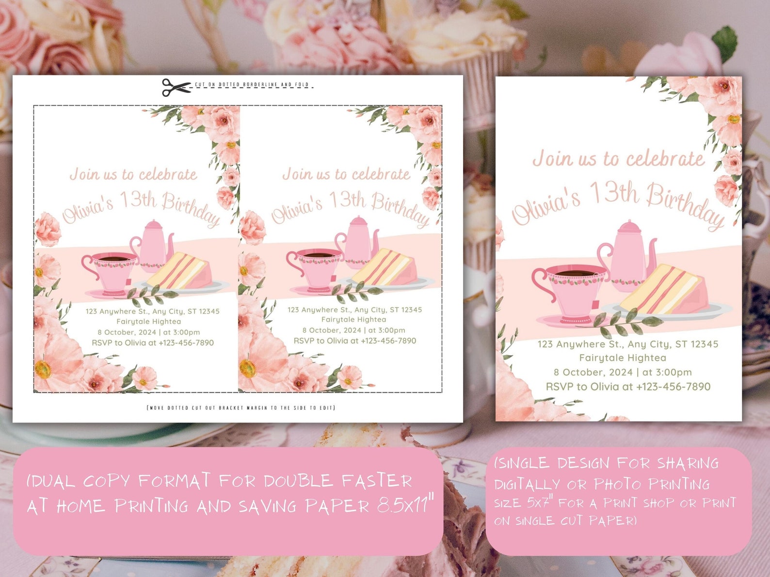 Pastel Pink High Tea Birthday Invitation Mother's Day, Party, Editable ...