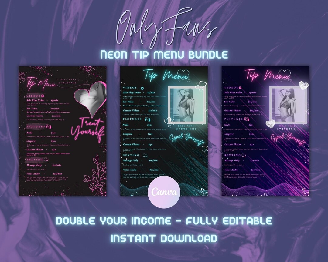 Onlyfans Neon Tip Menus Pack of 3 Bundle, Editable Template, Canva ...