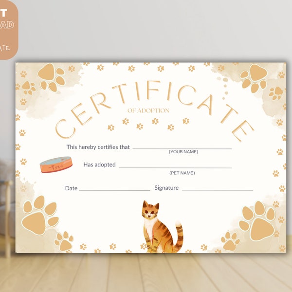 Cat Certificate of Adoption, Editable Digital Download Template - Etsy