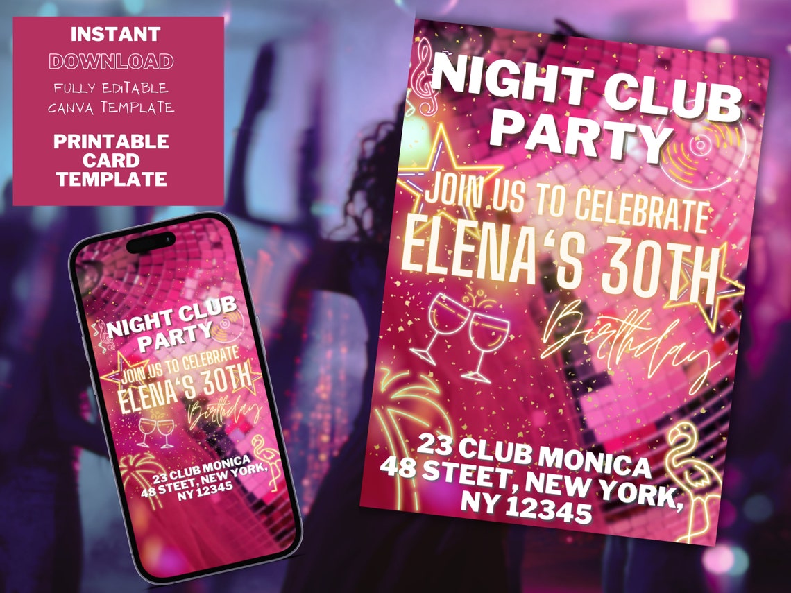 Neon Disco Night Club Birthday Party Invitation - Dance Invitation ...