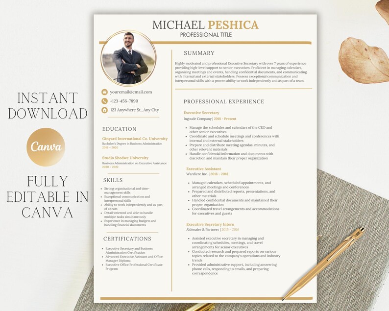 Gold Elegant Canva Resume Template With Cover Letter (PDF) - Etsy