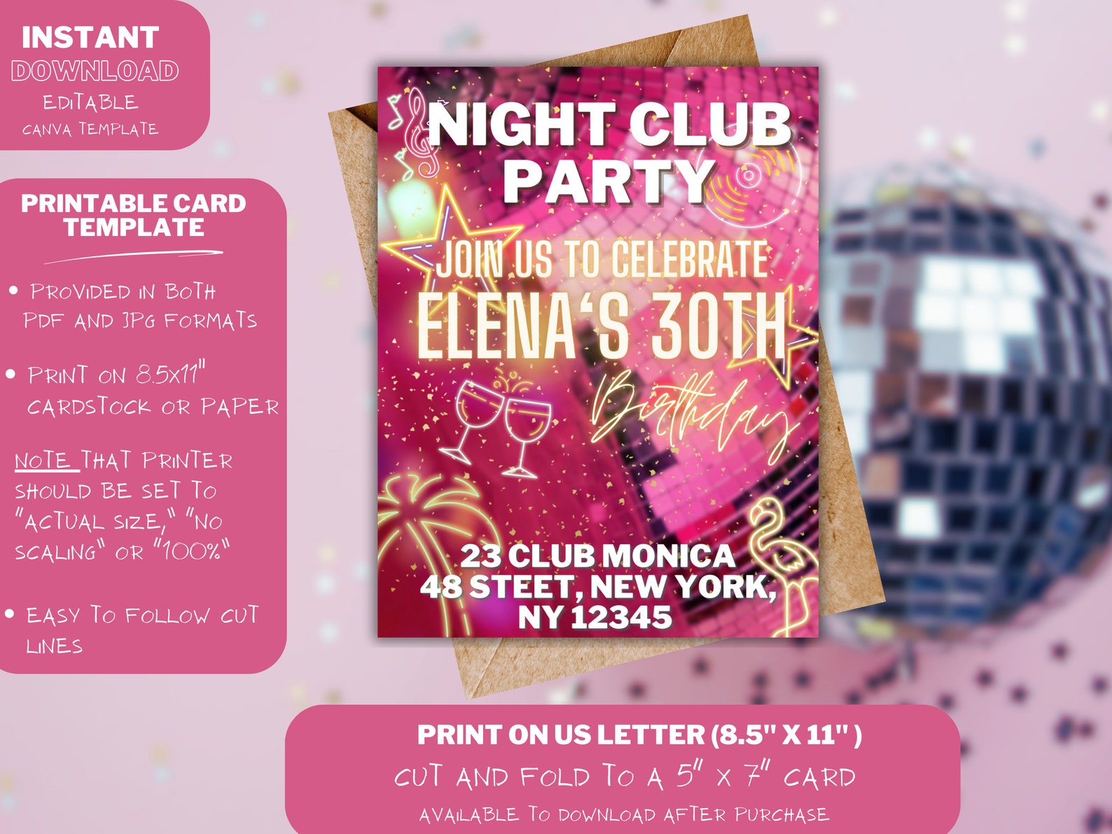 Neon Disco Nightclub Birthday Invitation – Editable Dance Party Card ...