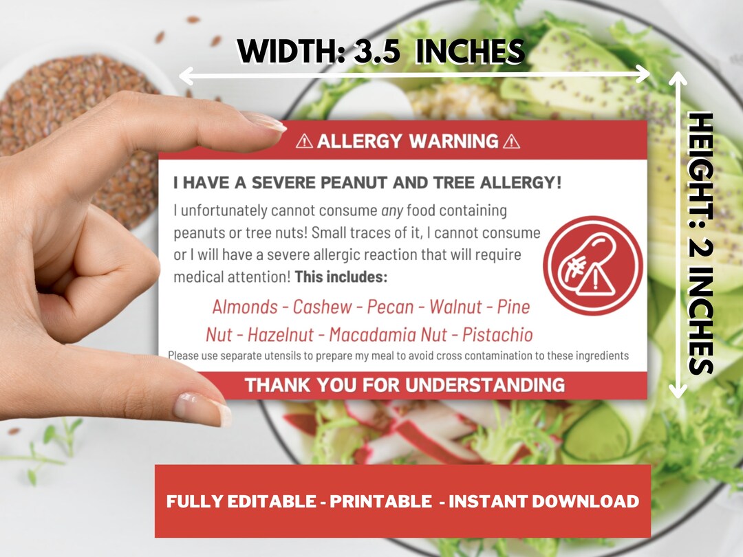 Printable Fully Editable Peanut and Tree Allergy Warning Card Self Care ...