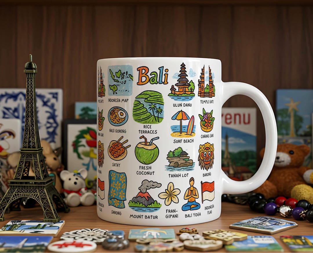 Bali Indonesia Mug | Colorful Ceramic Icons Travel Mug | 11oz 325ml ...