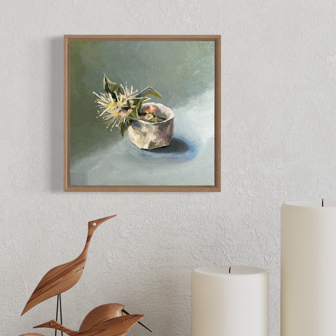 Wattle in Small Ceramic Cup: Original Oil Painting Framed Wall Art Oil ...