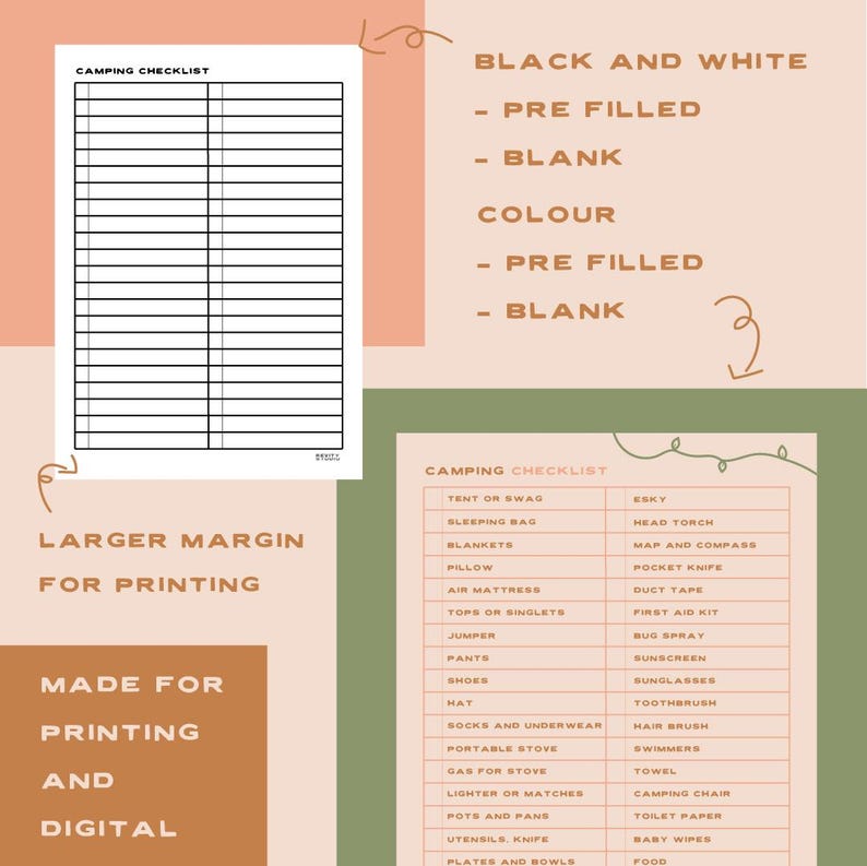Camping Checklist Printable/digital Download - Etsy