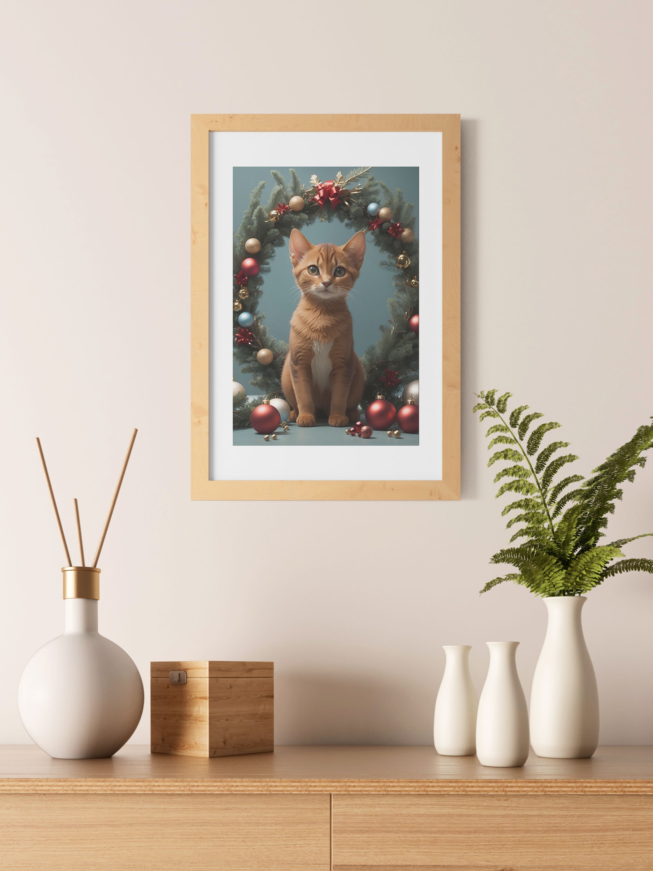 Abyssinian Cat Christmas Wreath Art Print – Holiday Kitten Decor ...