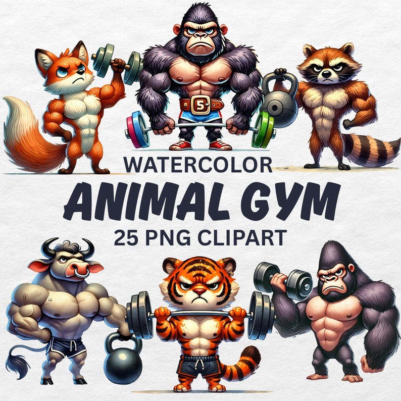 Watercolor Animal Gym Clipart: Fitness Animals With Weights (digital ...