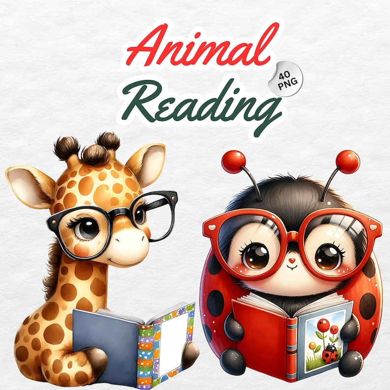 Watercolor Animal Reading Book Clipart, Adorable Animal Clipart ...