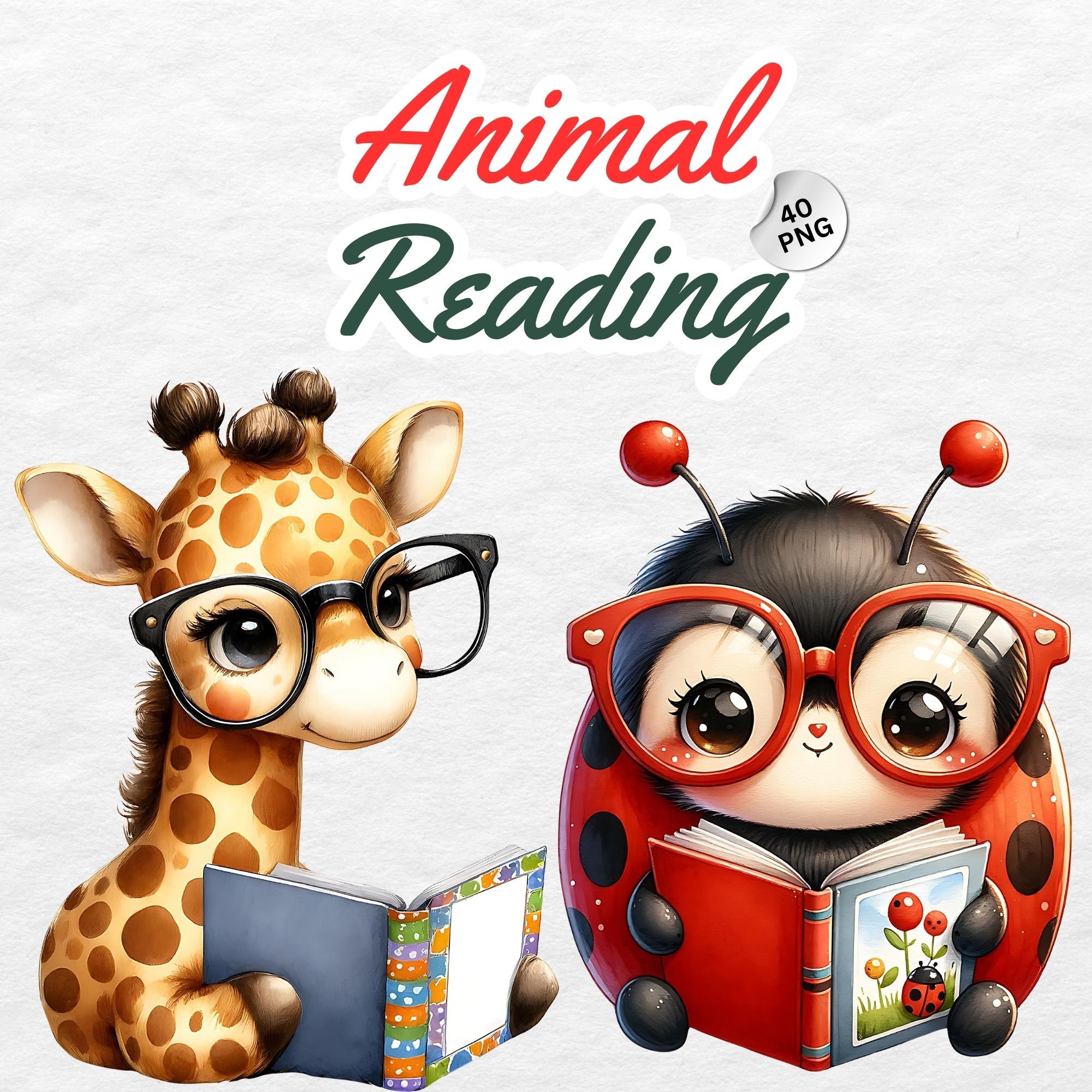 Watercolor Animal Reading Book Clipart, Adorable Animal Clipart ...