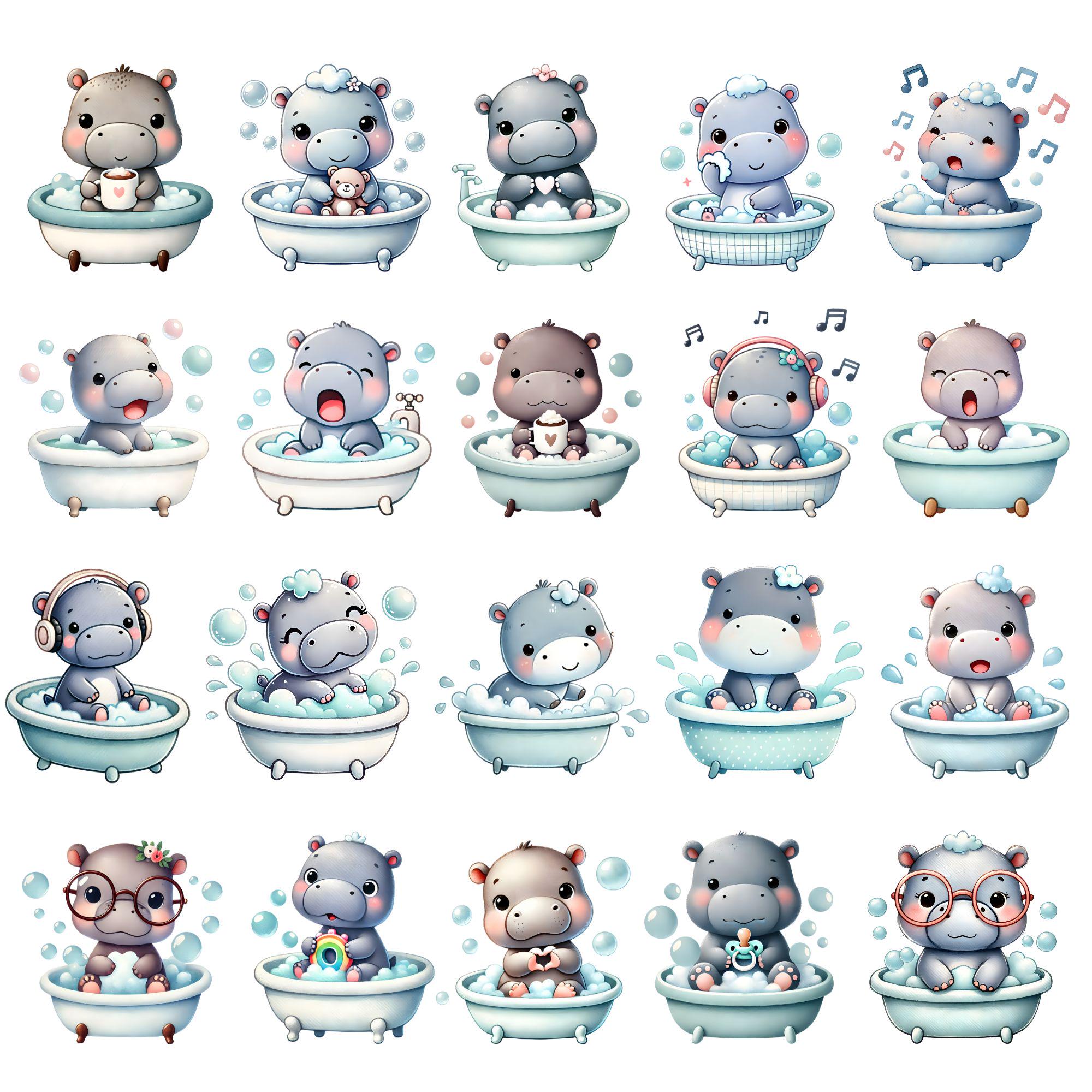 Watercolor Baby Hippo Shower Clipart, Cute Hippos in Bathtubs PNG ...