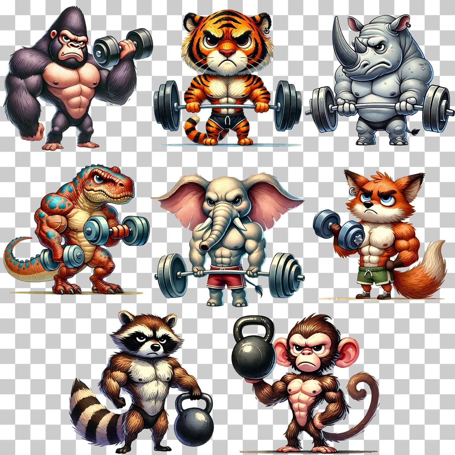 Watercolor Animal Gym Clipart: Fitness Animals With Weights (digital ...