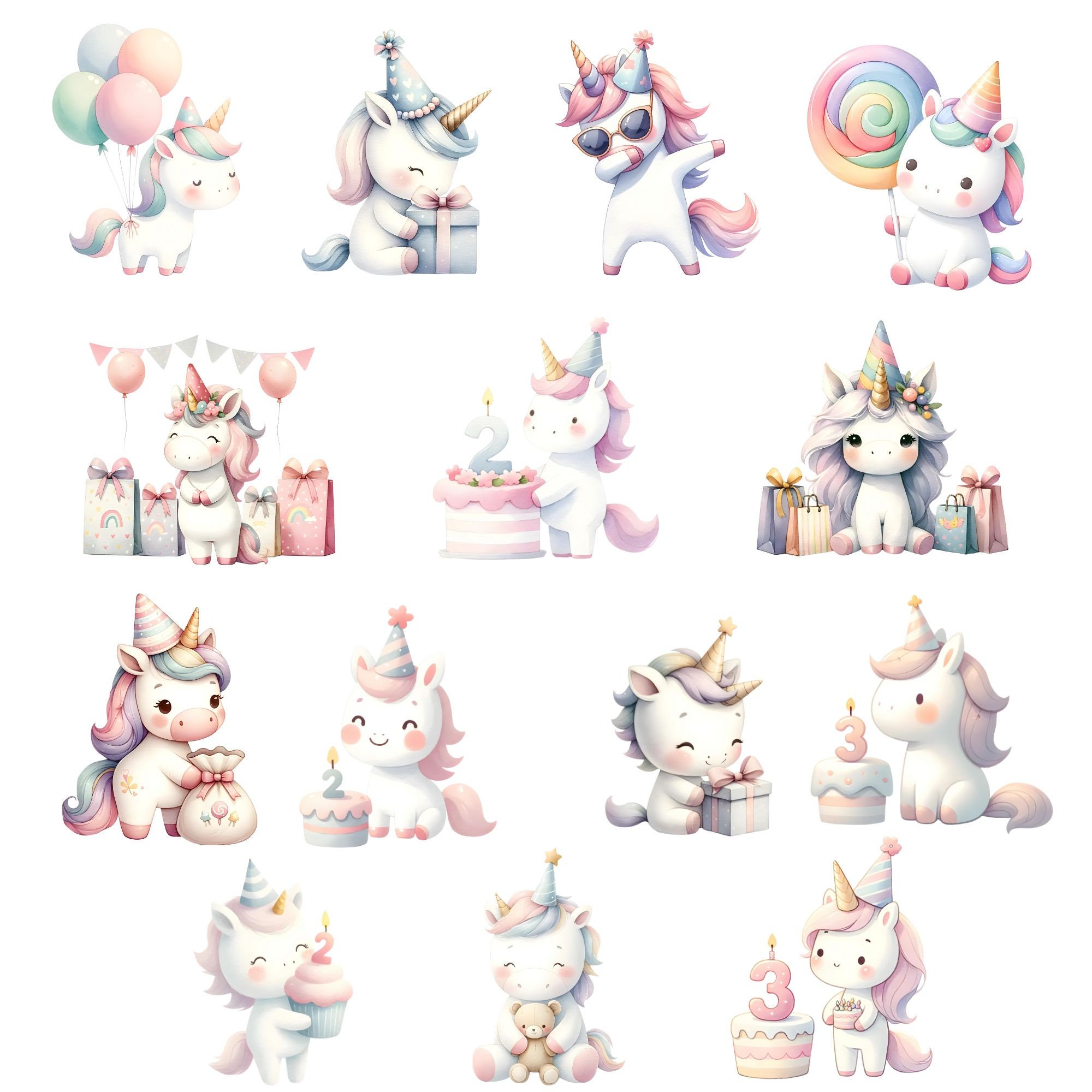 Watercolor Unicorn Birthday Clipart Bundle: 40 PNG Images (digital ...