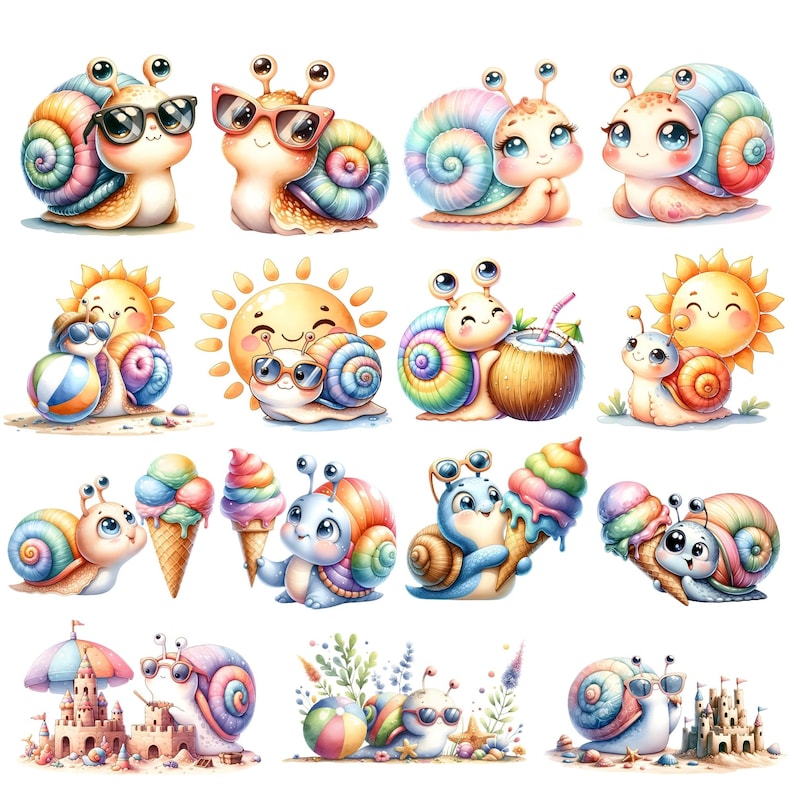 Watercolor Cute Snail Clipart, Summer Snail Nursery, Funny Snail Bundle ...
