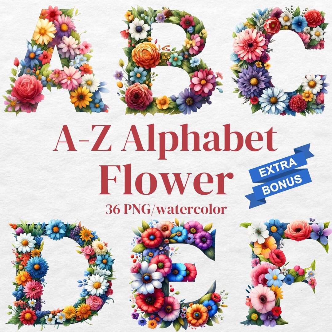 Watercolor Flower Alphabet Clipart, Watercolor Floral Alphabet, Floral ...