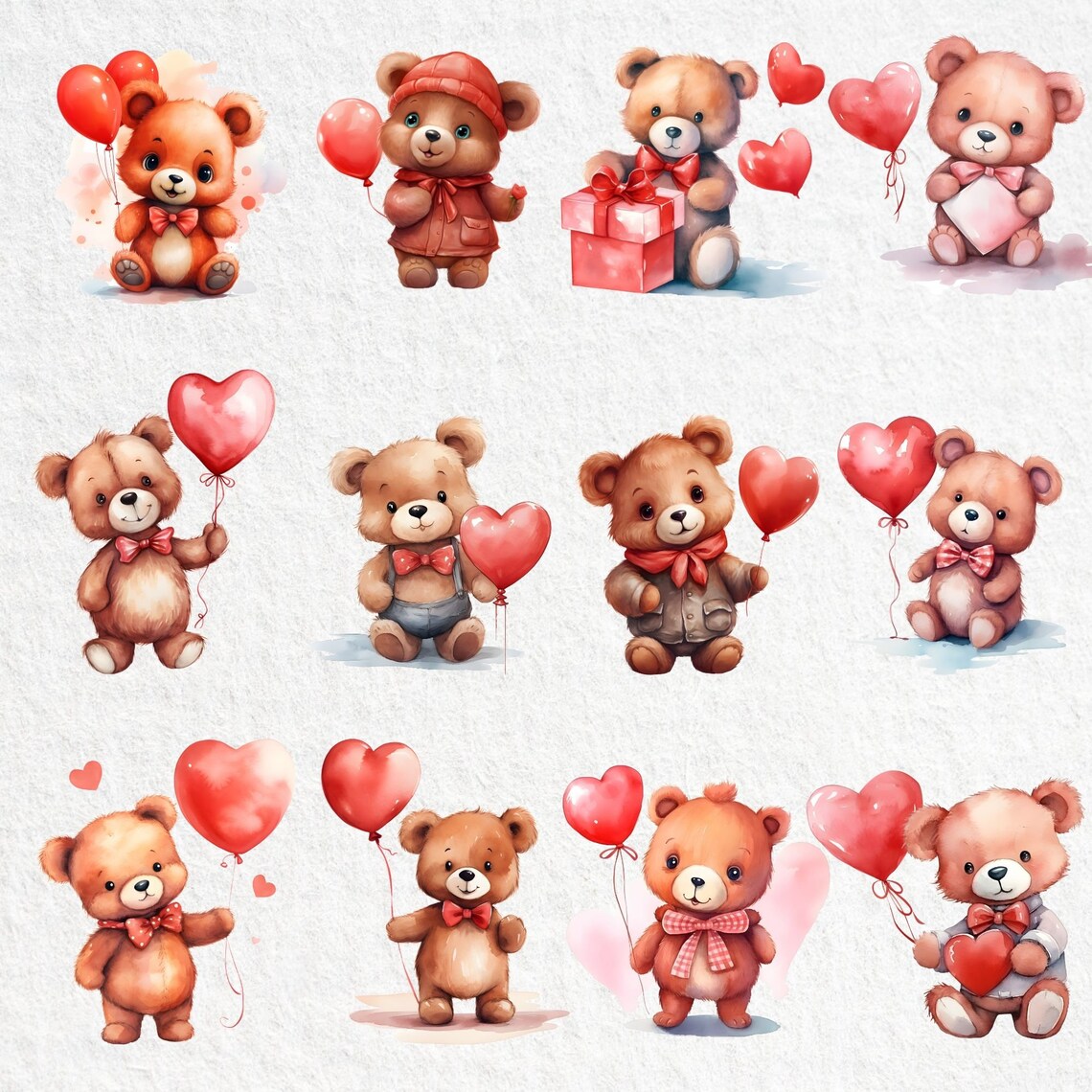 Watercolor Valentines Teddy Bear Clipart, 40 PNG Valentines Day Clipart ...