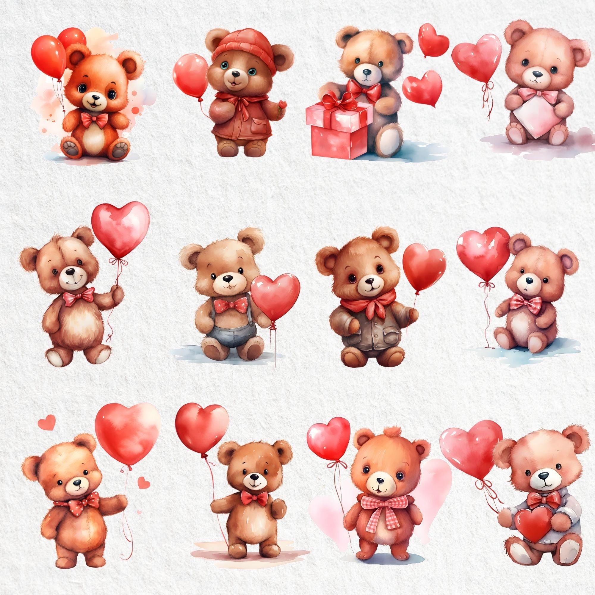 Watercolor Valentines Teddy Bear Clipart, 40 PNG Valentines Day Clipart ...