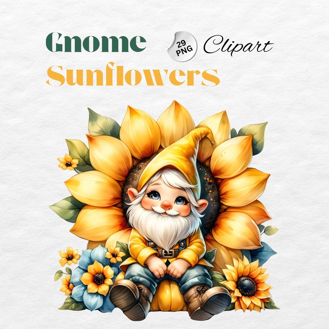 Watercolor Sunflower Gnome Clipart, Gnome With Flowers, Gnomes ...