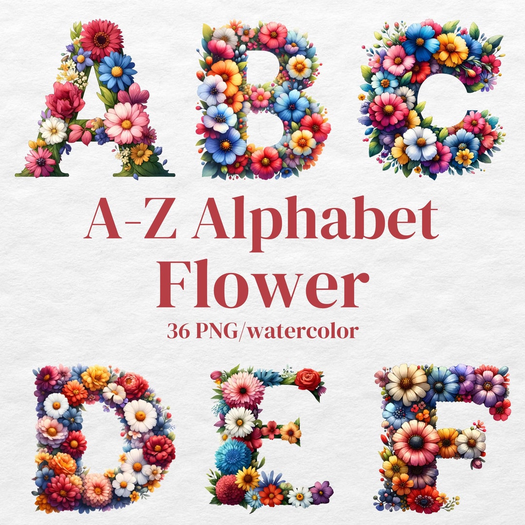 Watercolor Floral Alphabet Clipart: Flower Font (PNG, Digital Download ...