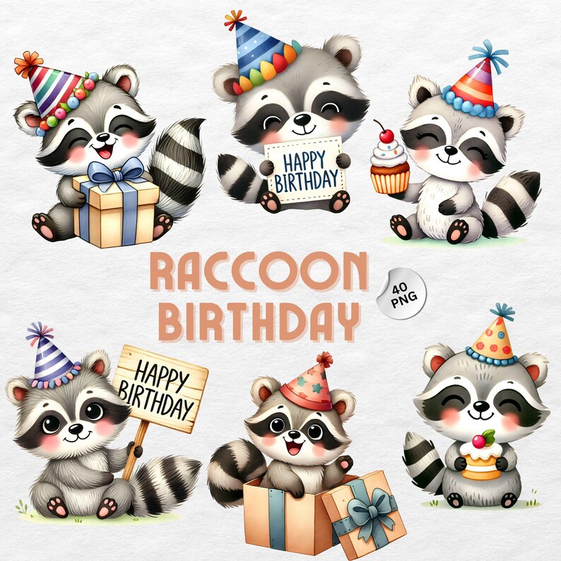Raccoon Birthday Clipart Bundle, 40 PNG Watercolor Cute Raccoon Party ...
