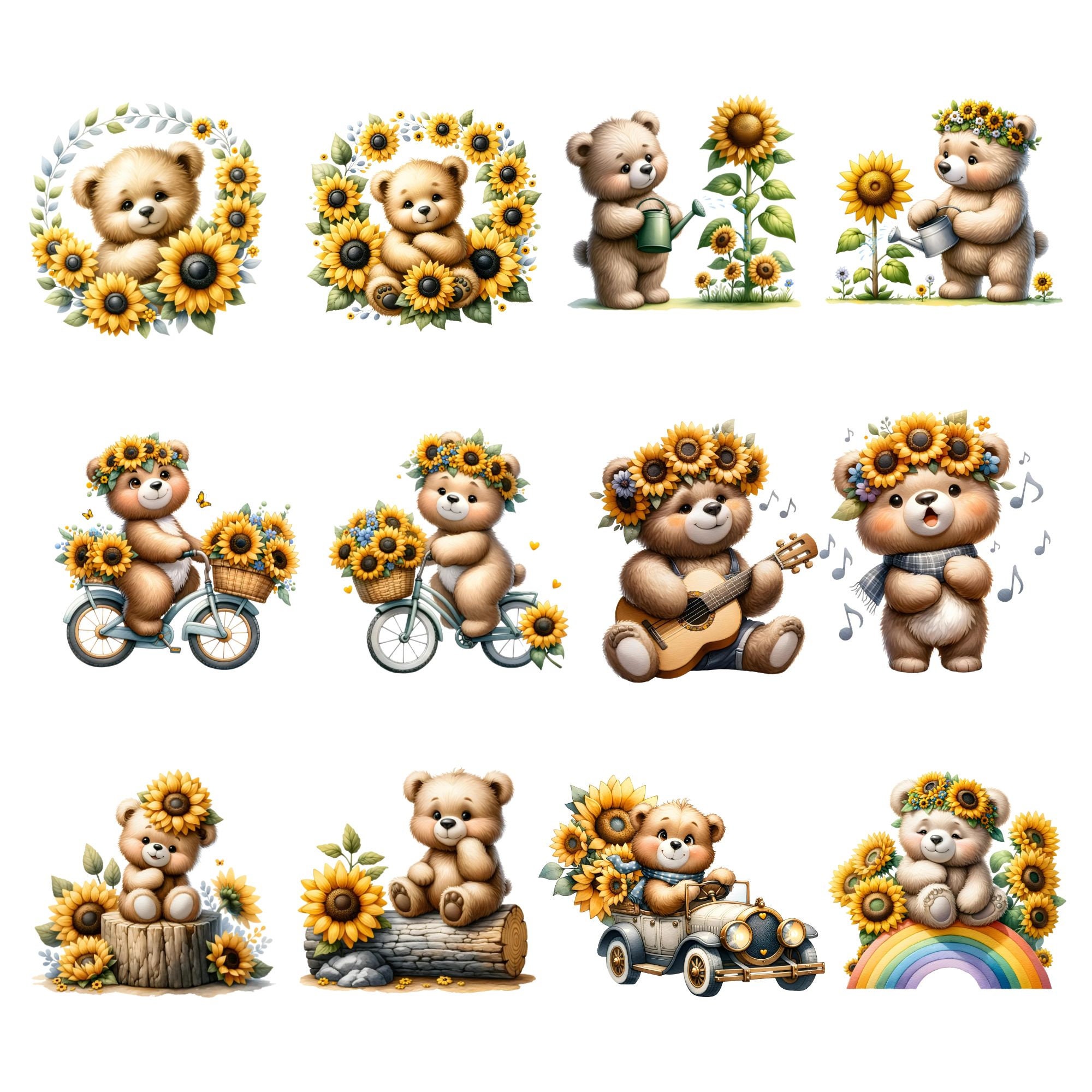 Watercolor Sunflower Bear Clipart, Cute Bear With Flowers, Cute Bear ...