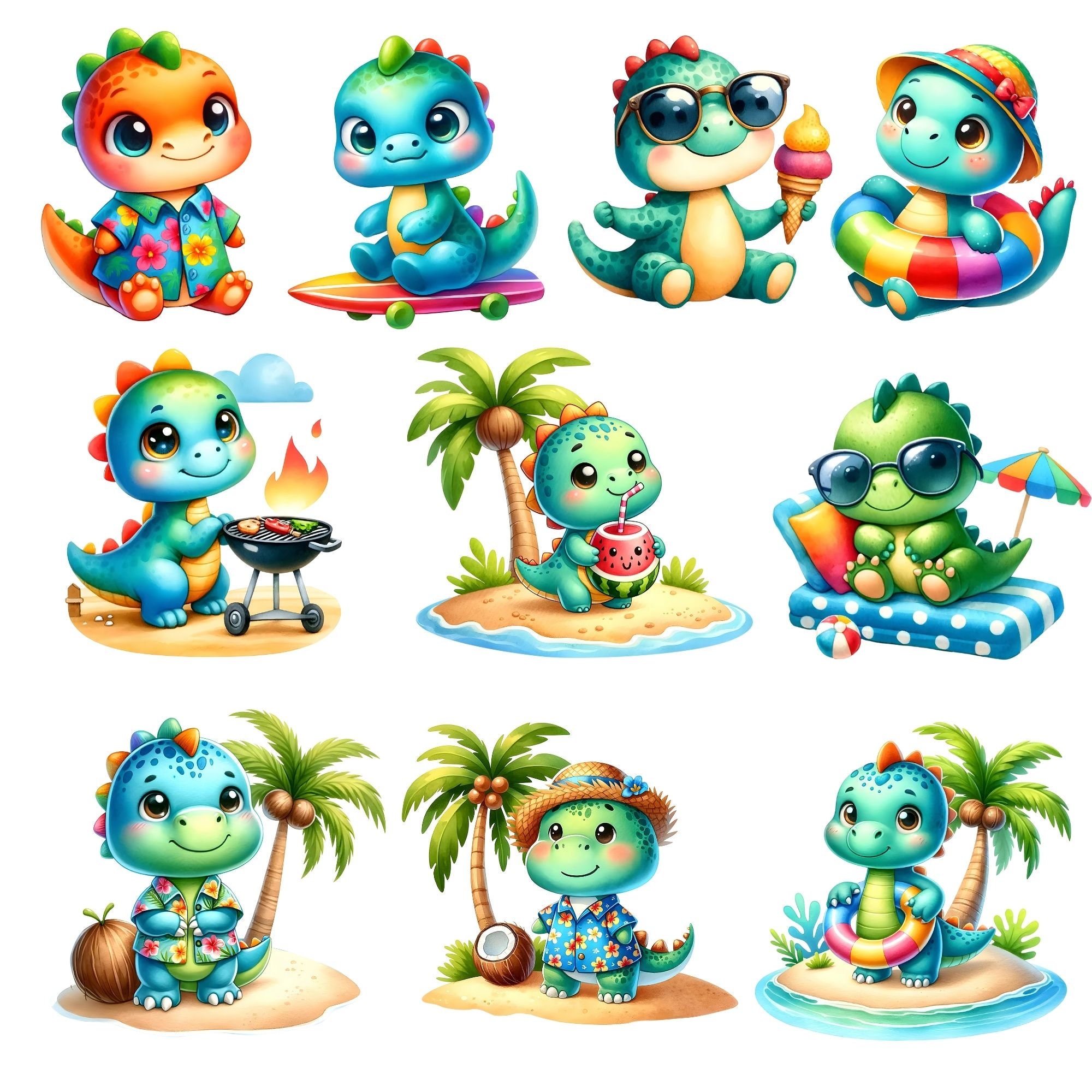 Watercolor Summer Dinosaur Clipart, Baby Dinosaur PNG, Nursery Decor ...