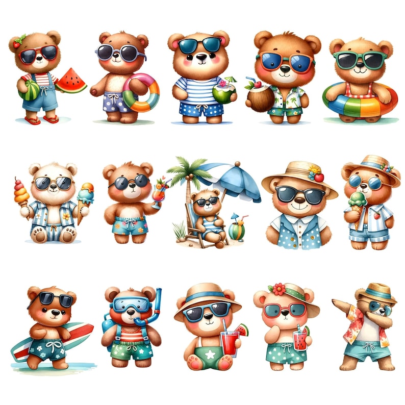 Watercolor Beach Bear Clipart: Summer Teddy PNG Bundle (digital ...