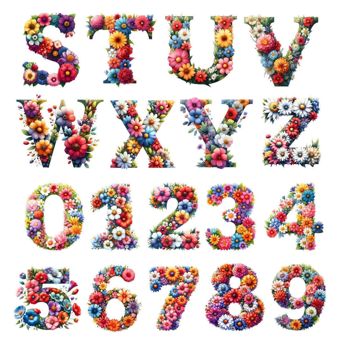 Watercolor Floral Alphabet Clipart: Flower Font (PNG, Digital Download ...