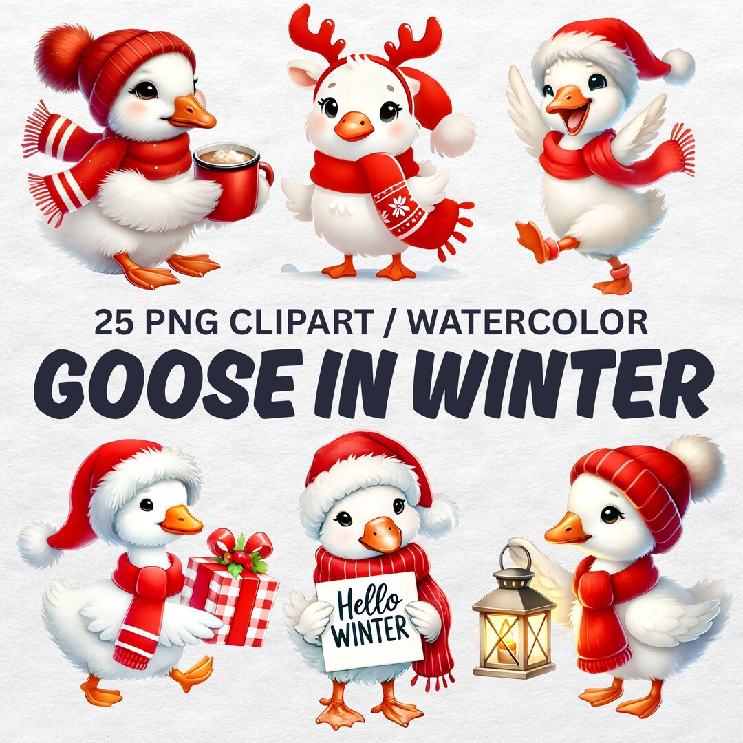 Winter Goose Watercolor Clipart: Christmas PNG Set (digital Download ...