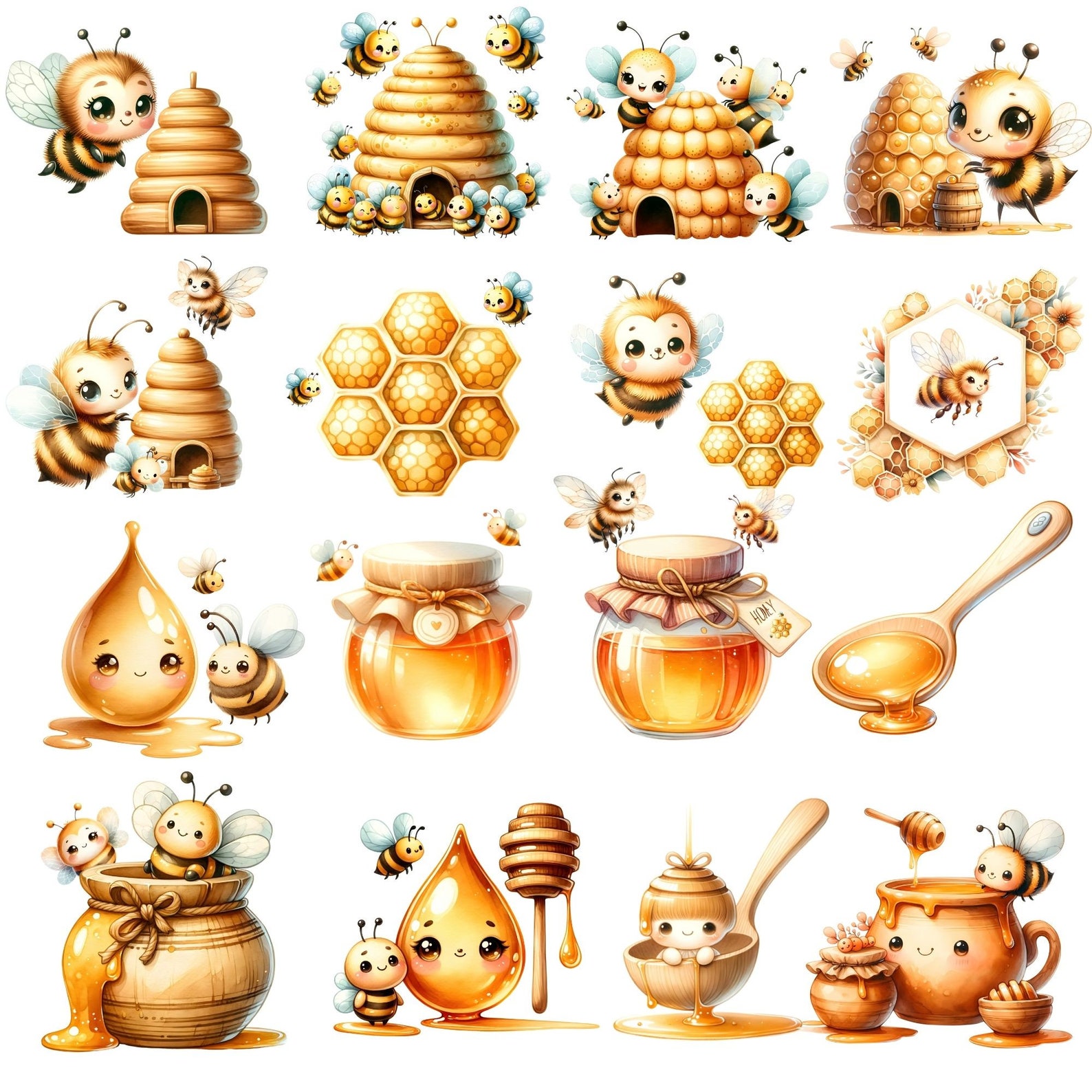 31 Cute Honey Bee PNG Clipart, Watercolor Honey Bee PNG Bundle, Baby ...