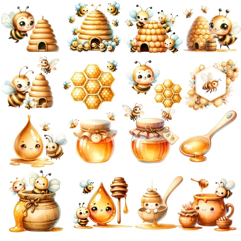 31 Cute Honey Bee PNG Clipart, Watercolor Honey Bee PNG Bundle, Baby ...
