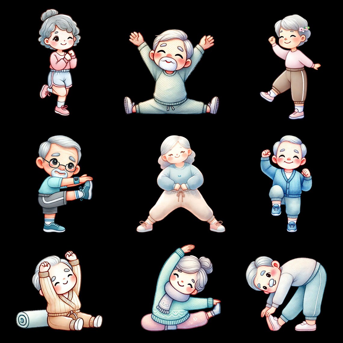 Watercolor Grandparent Exercise Clipart Bundle: Family Fitness PNG ...