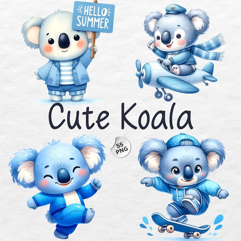 Watercolor Baby Koala Clipart, Cute Koala Bear PNG, Nursery Decor, Baby ...