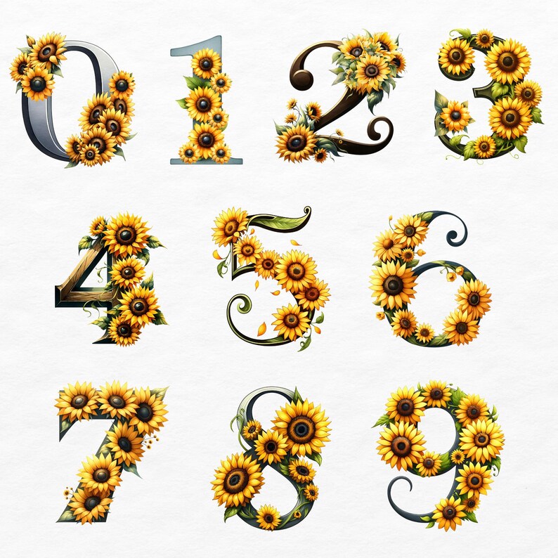 Watercolor Sunflower Alphabet Clipart: Floral Letters & Numbers (PNG ...
