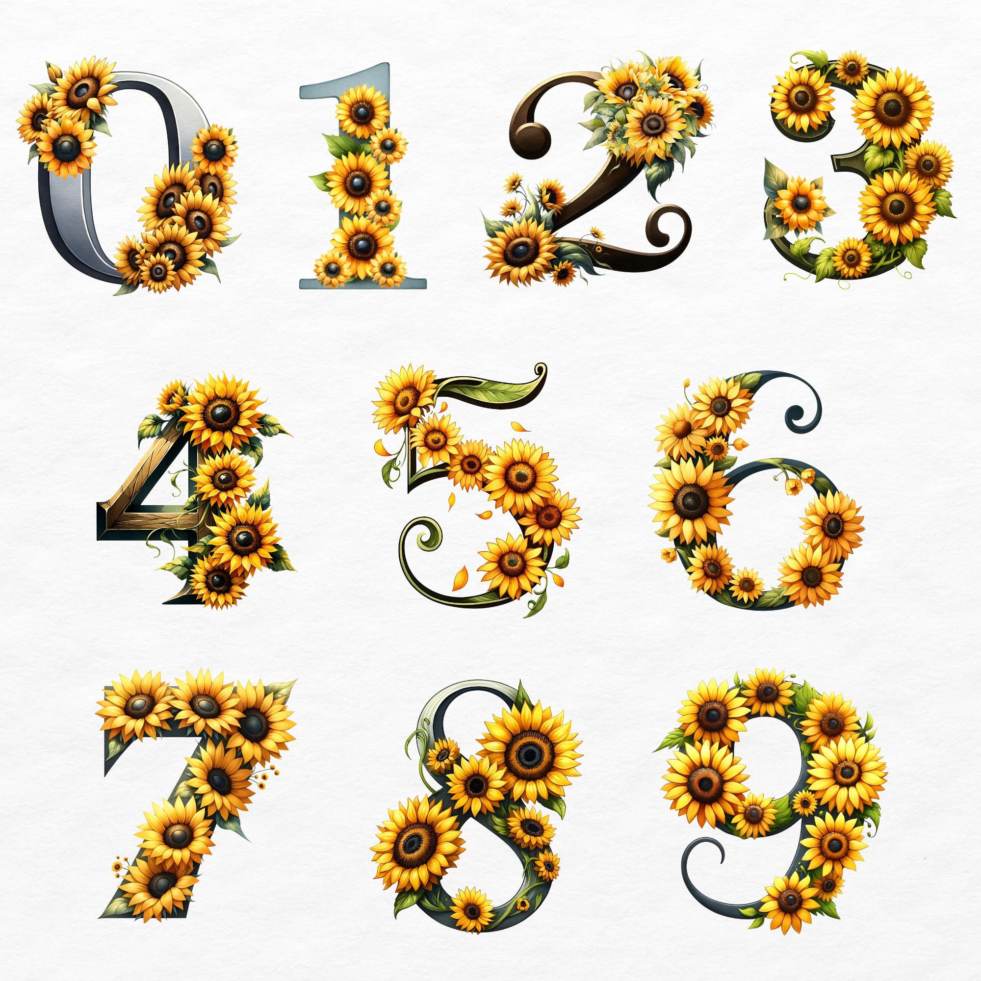 Watercolor Sunflower Alphabet Clipart: Floral Letters & Numbers (PNG ...