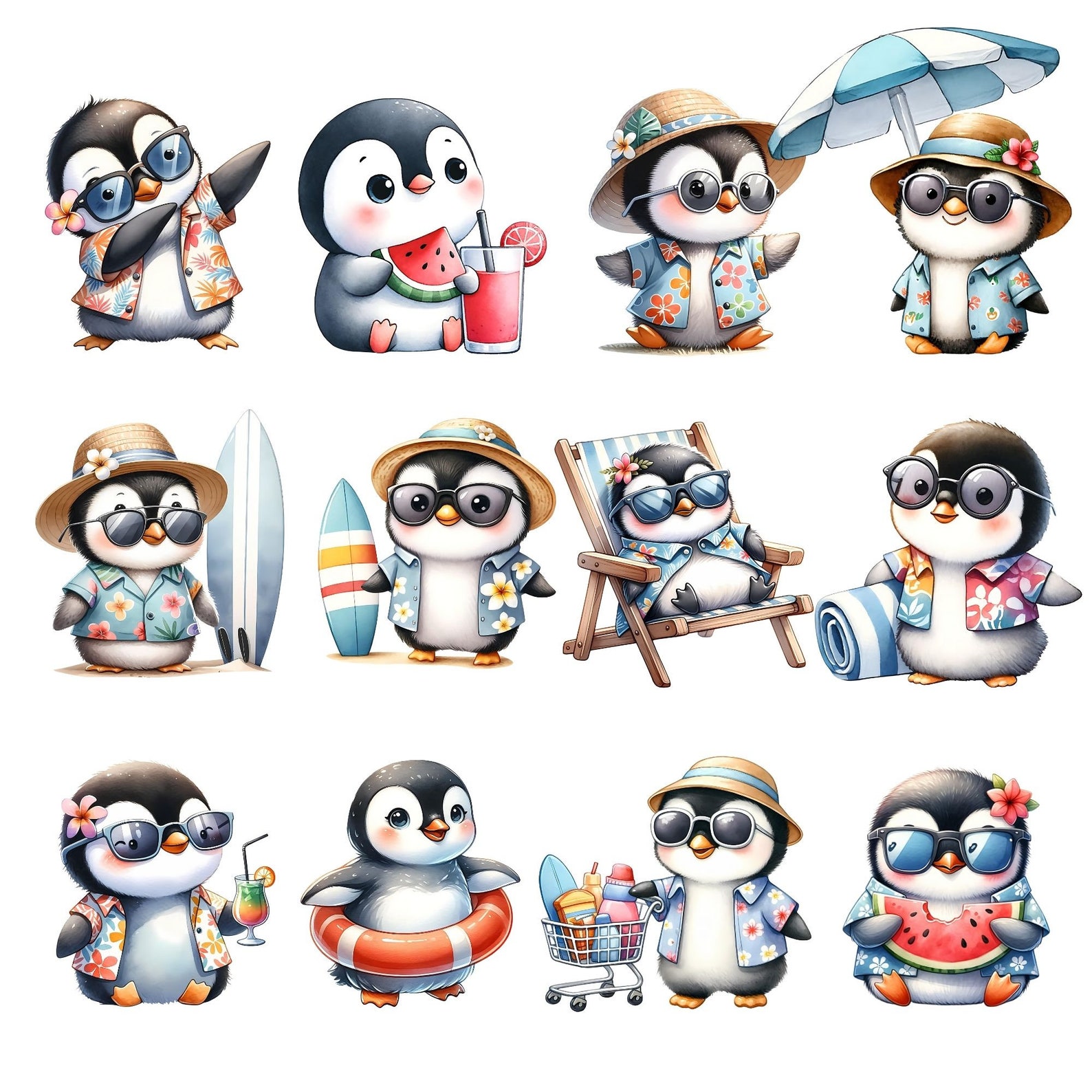 Watercolor Summer Penguin Clipart, Baby Cute Penguin PNG, Nursery Decor ...