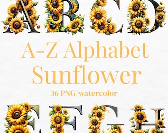 Watercolor Sunflower Alphabet Clipart: Floral Letters & Numbers (PNG ...