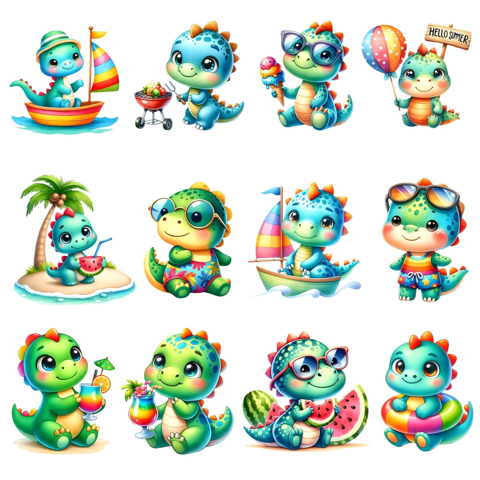 Watercolor Summer Dinosaur Clipart, Baby Dinosaur PNG, Nursery Decor ...