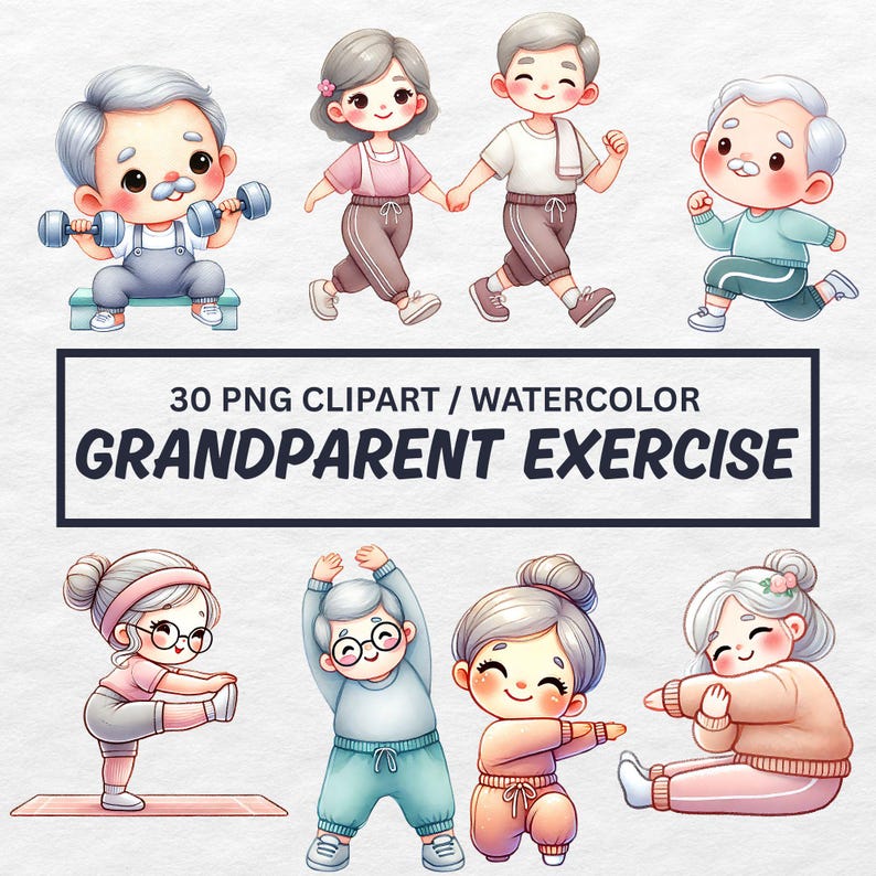 Watercolor Grandparent Exercise Clipart Bundle: Family Fitness PNG ...