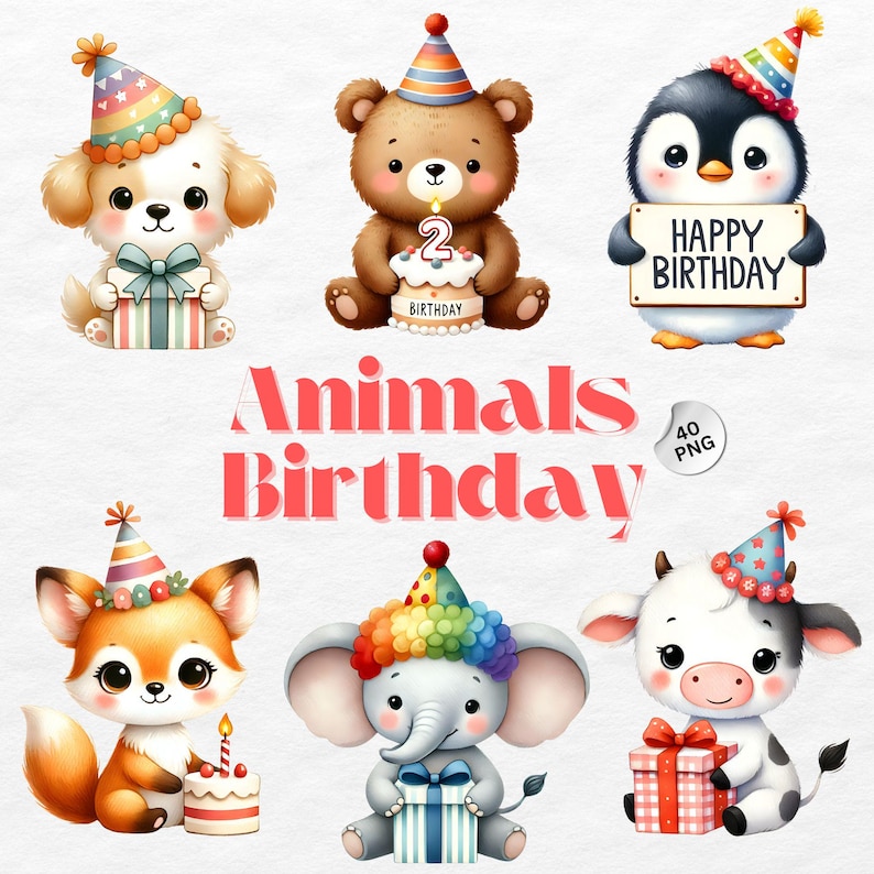 Watercolor Animal Birthday Clipart PNG, Cute Party Animals PNG, Kids ...