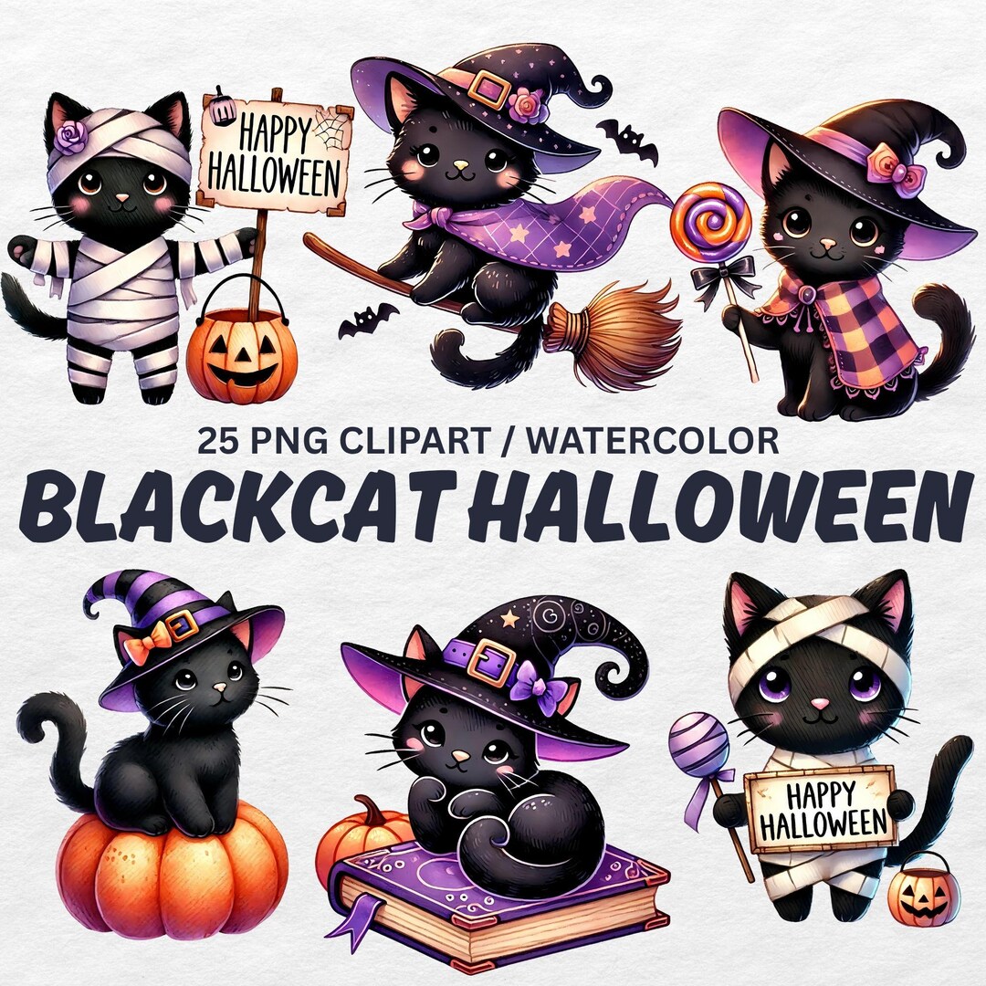 Watercolor Halloween Black Cat Clipart: 25 PNG Witch Cats (digital ...