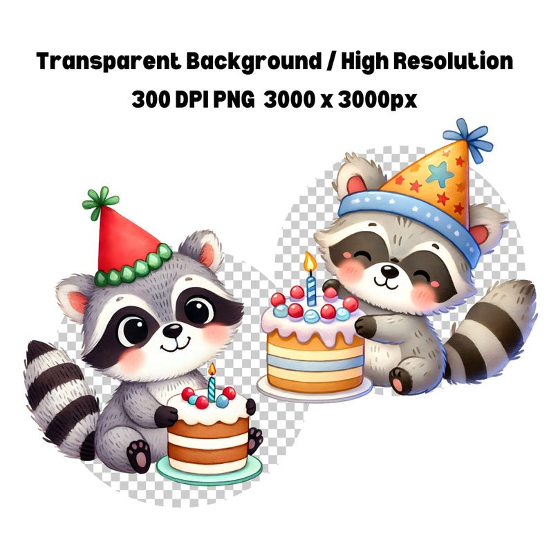 Raccoon Birthday Clipart Bundle, 40 PNG Watercolor Cute Raccoon Party ...