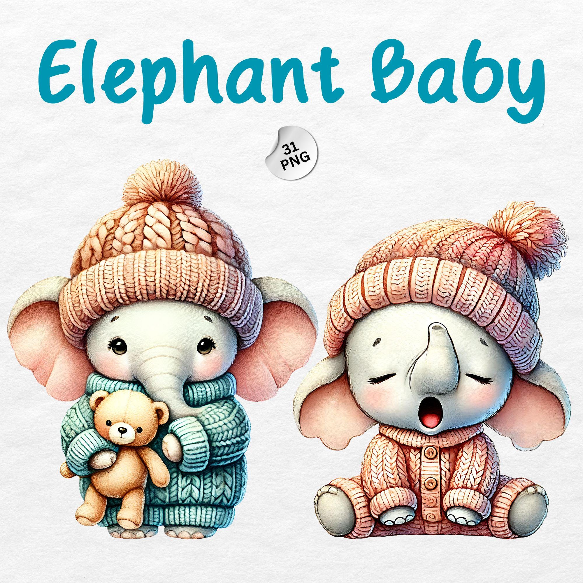 Watercolor Elephant Baby Clipart PNG Bundle, Nursery Decor (digital ...