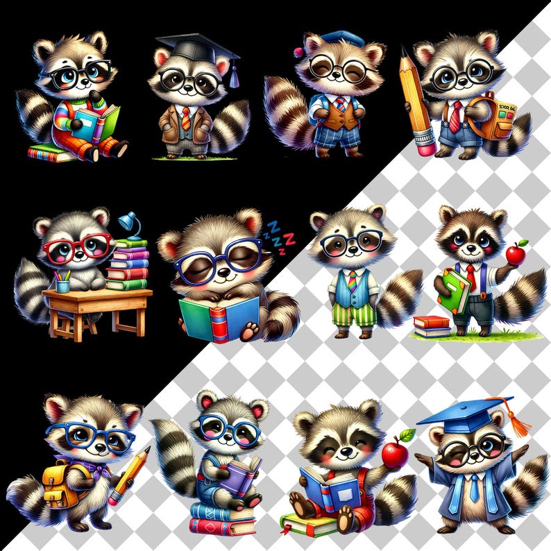 Watercolor Raccoon Clipart: Back to School PNG Bundle (digital Download ...