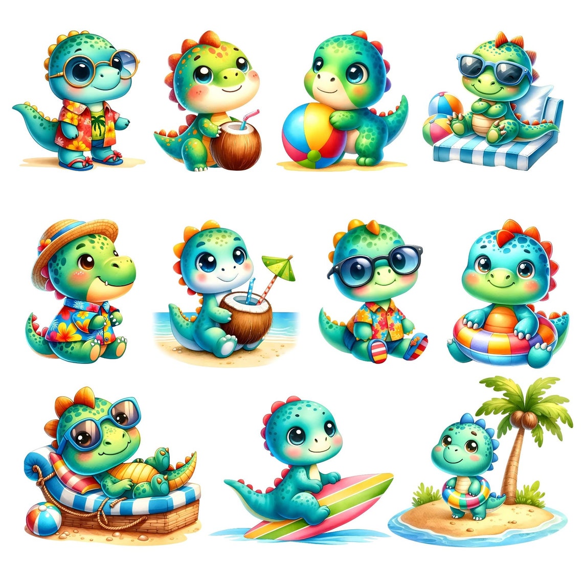 Watercolor Summer Dinosaur Clipart, Baby Dinosaur PNG, Nursery Decor ...